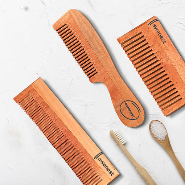 awenest Neem Comb Combo - Pack Of 3 Combs | Pure Neem wooden Combs for